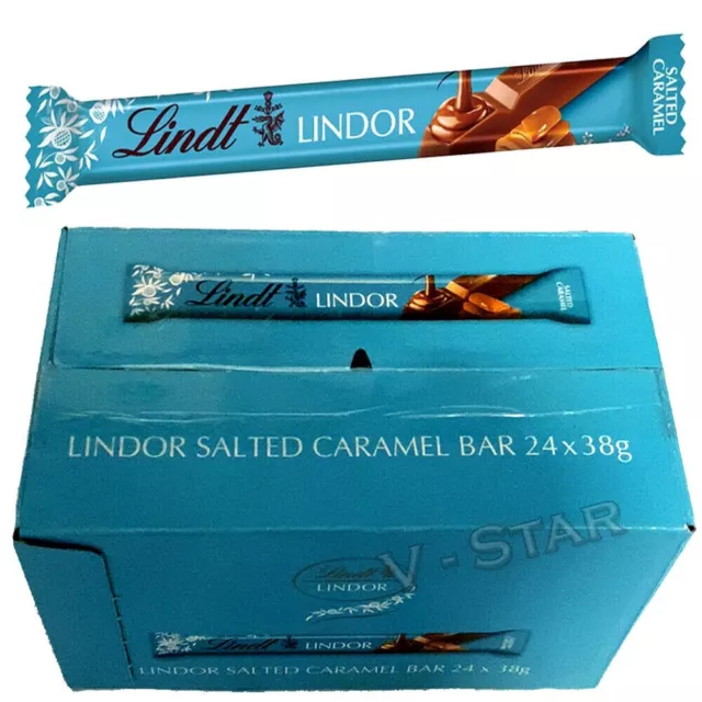 LINDT LINDOR SALTED Caramel Milk Chocolate Treat Bar 24 X 38g Full Box ...