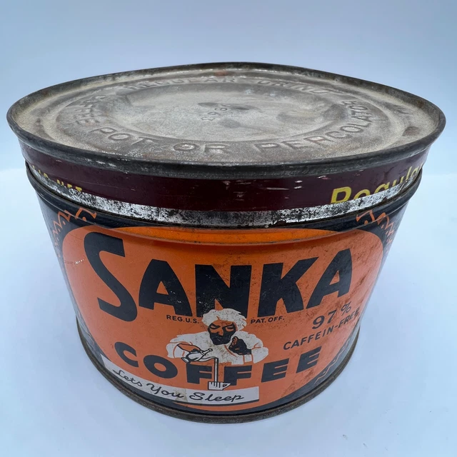 VINTAGE ORANGE SANKA Coffee Tin Can "Lets You Sleep" "97 % Caffein-Free ...