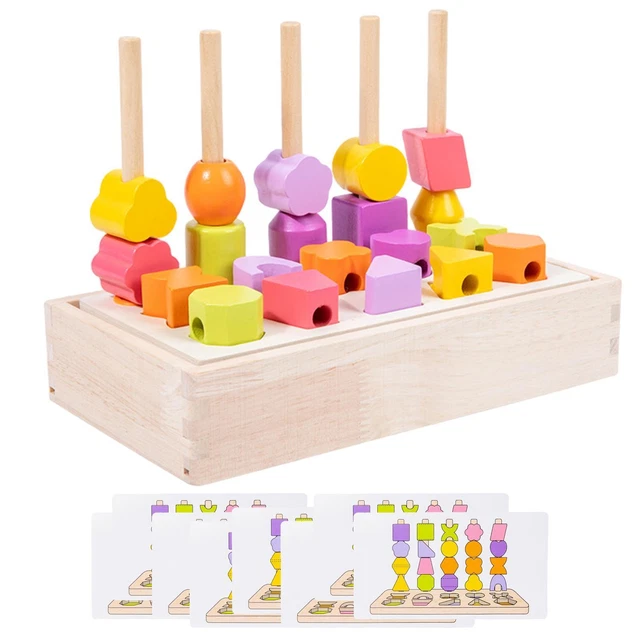 WOODEN BEADS SEQUENCING Toy Stacking Matching Shapes Stacking Toy for ...