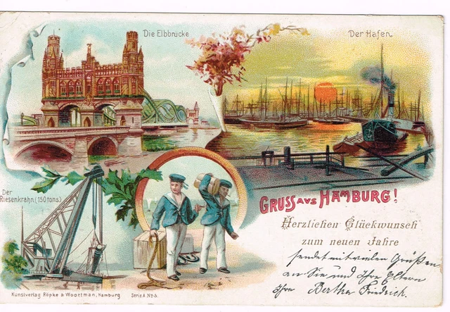 ALTE AK LITHO Gruss aus Hamburg Der Hafen Elbbrücke Riesenkran gel ... ALTE AK LITHO Gruss aus Hamburg Der Hafen Elbbrücke Riesenkran gel ...