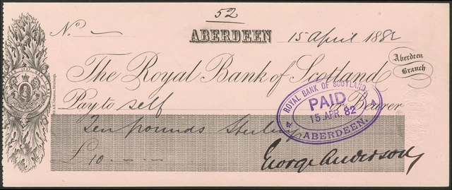 ROYAL BANK OF Scotland, Aberdeen branch, Bearer cheque, 18[80] £0.99 ...