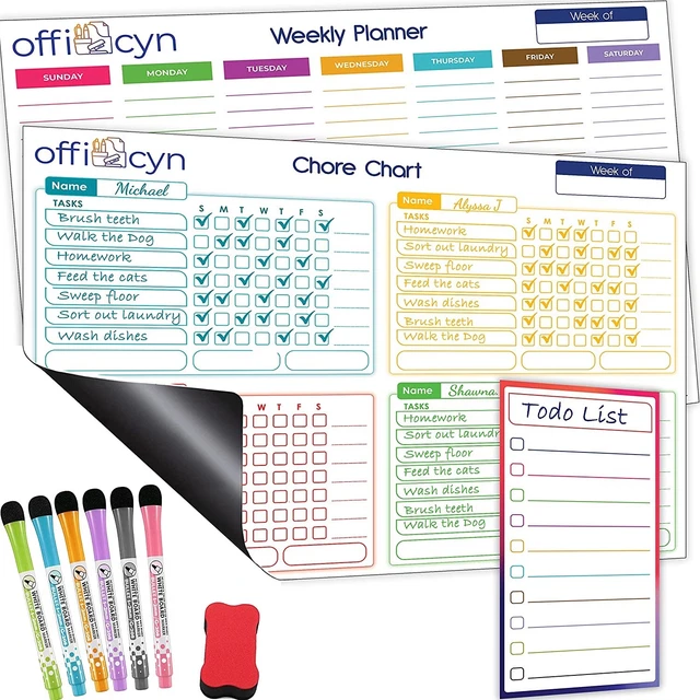 DRY ERASE CHORE Chart for kids Multiple Kids - 3 pcs Magnetic Chore ...