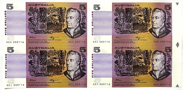 1990 $5 GENERAL Prefix Block of 4 Fraser/Higgins Low Serial No Triple ...