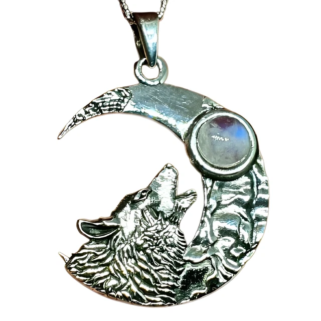 HOWLING WOLF NECKLACE Moonstone Moon Viking Norse 18" Chain 925 Silver ...
