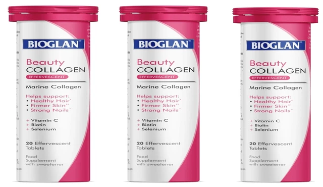 3 X TUBES Bioglan Beauty Collagen Supplement - 20 Effervescent Tablets ...