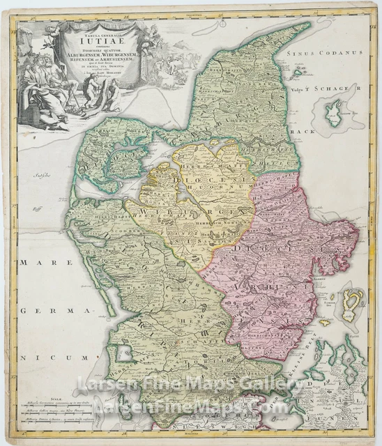 JOHANN BAPTIST HOMANN, Homann Heirs Map of Denmark, Iutiae 1762 $194.99 ...