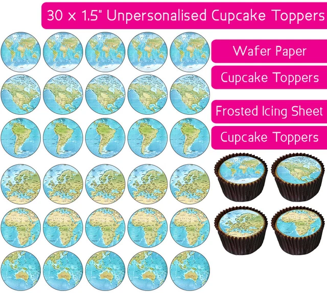 WORLD MAP CUPCAKE Toppers Edible Icing Wafer Decor Birthday Party Globe ...