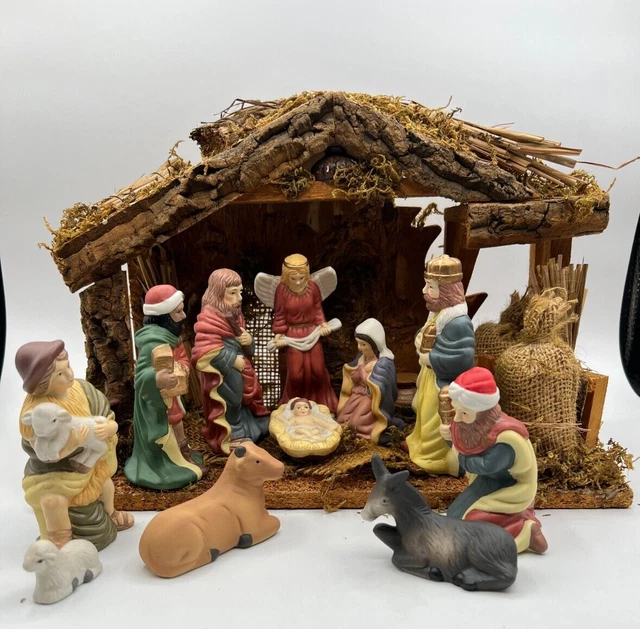 NATIVITY SET 12 Pc Wooden Creche Fine Porcelain Figurines Holiday ...