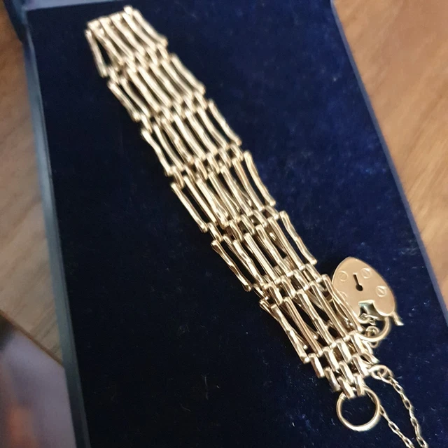VINTAGE 9CT GOLD 5 Bar Gate Bracelet With Heart Lock - 5.3 Grams £180. ...