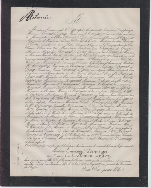 1880 DEATH ANNOUNCEMENT Mrs. Emmanuel COPPINGER born Marie-Emilie ...