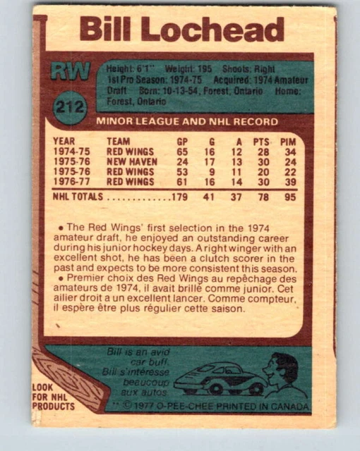 (HCW) 1977-78 O-PEE-CHEE #212 Bill Lochead Detroit Red Wings V14428 EUR ...