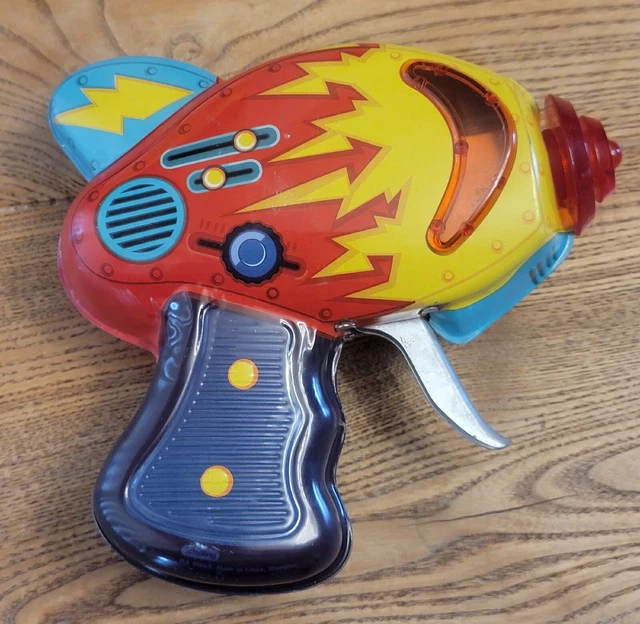 VINTAGE RETRO SCHYILING Blue Atomic Tin Litho Ray Gun Mechanical Toy ...