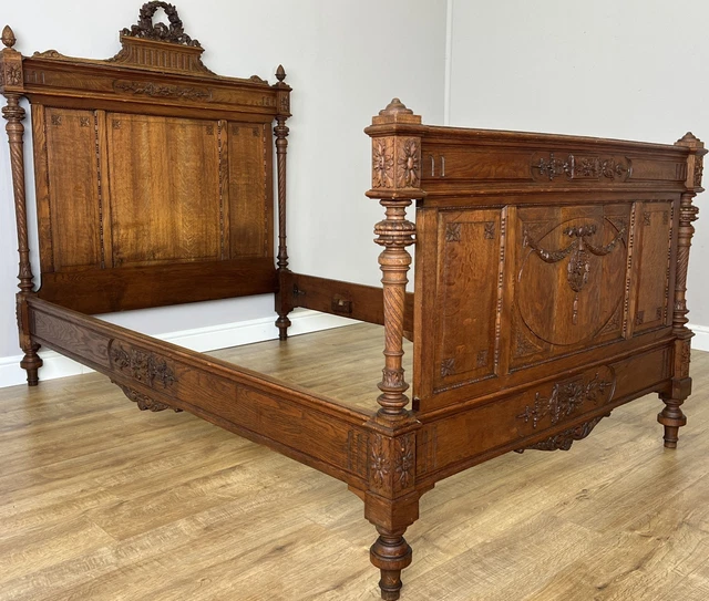 BED ANTIQUE FRENCH Style Oak Double Bed Frame Carved Headboard LOT 6151 ...