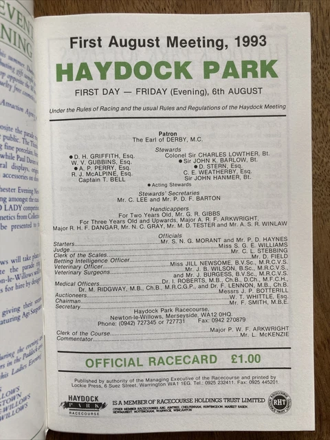 1993 LADIES DAY Haydock Park Horse Races Racecard August 6th Island ...