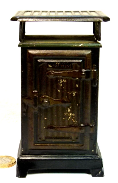 MONEY BOX BANK ANTIQUE TIN PLATE TOY FIGURAL EUREKA GAS STOVE OVEN doll ...