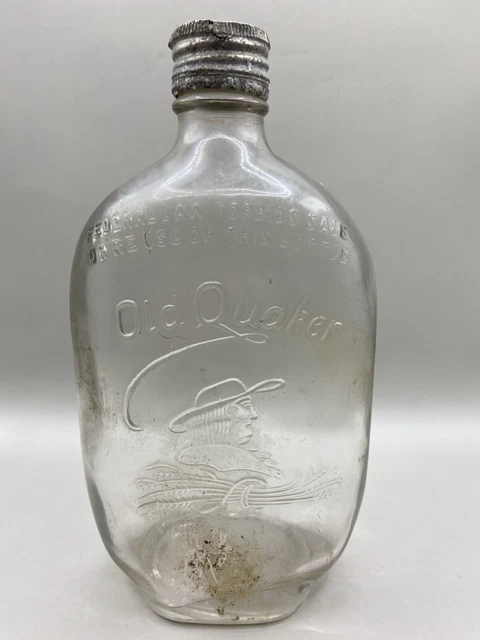 VINTAGE OLD QUAKER Clear Glass Whiskey Liquor Bottle Flask Embossed 2 ...