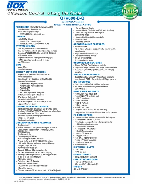 LGA775 915GV,800/533,2XDDR,7PCI/L/4USB/A/V/S/P,G7V603-033G,ROHS,SHIELD ...
