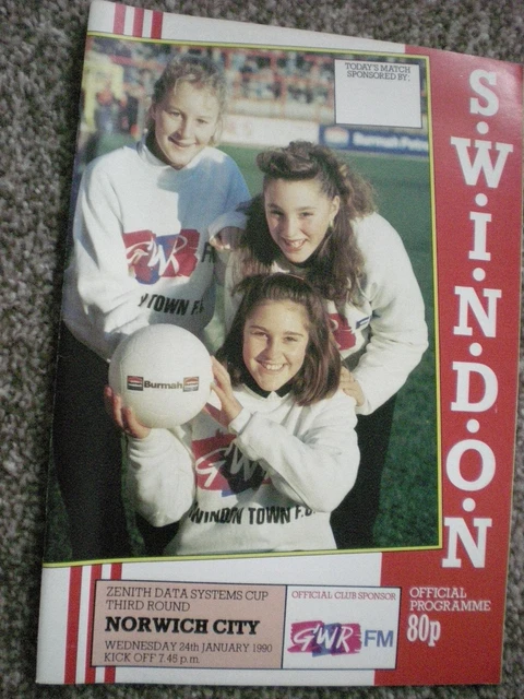 SWINDON TOWN V NORWICH CITY, 24th JAN 90, ZENITH DATA SYSTEMS CUP,MINT ...