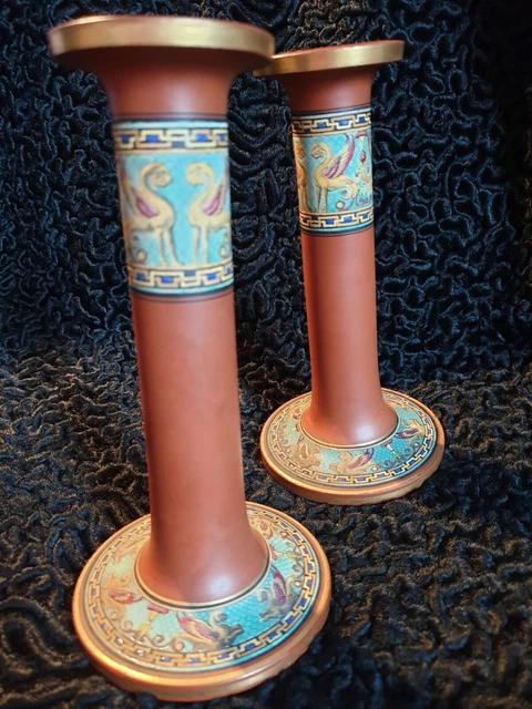 ANTIQUE VINTAGE TERRACOTTA Prattware Griffin Pair Candlesticks £39.72 ...