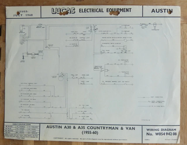 ORIGINAL LUCAS AUSTIN A30 & A35 Countryman Wiring Diagram 1955-60 ...