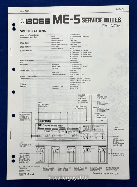 ORIGINAL ROLAND - Boss Guitar Pedal Service Notes - Manual / ME-5 $17. ...