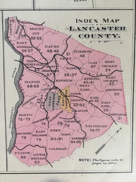 1899 LANCASTER COUNTY Pa Lampeter Pica Township To Leacock Atlas Karte ...