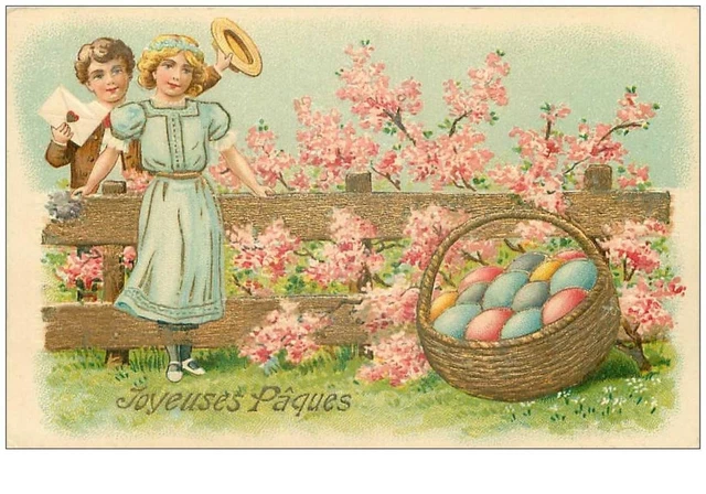 PAQUES.N°24414.JOYEUSES PAQUES.ENFANTS ET PANIER D'OEUFS COLORES EUR 5 ...