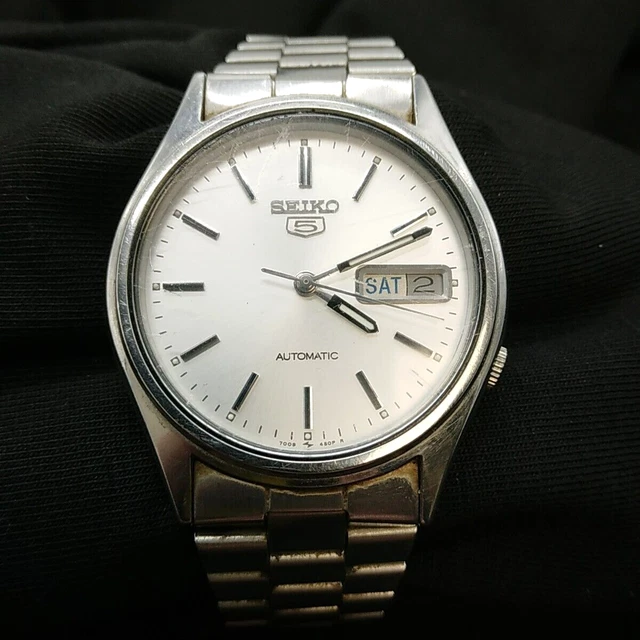 VINTAGE 80S SEIKO 5 Automatic Men's Watch 7009 3100 Bracelet Silver ...