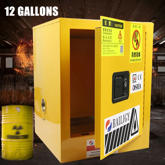 12 GALLON SAFETY Storage Cabinet Flammable Liquid Fireproof Bin Yellow ...