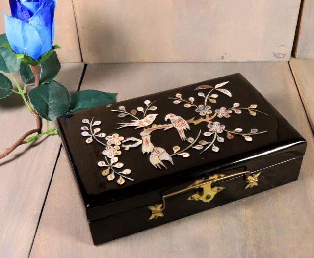 ANCIENNE COFFRET BOÎTE à Bijoux Laqué Noir Nacré Chinois Asiatique Oiseaux EUR 20,00 - PicClick FR