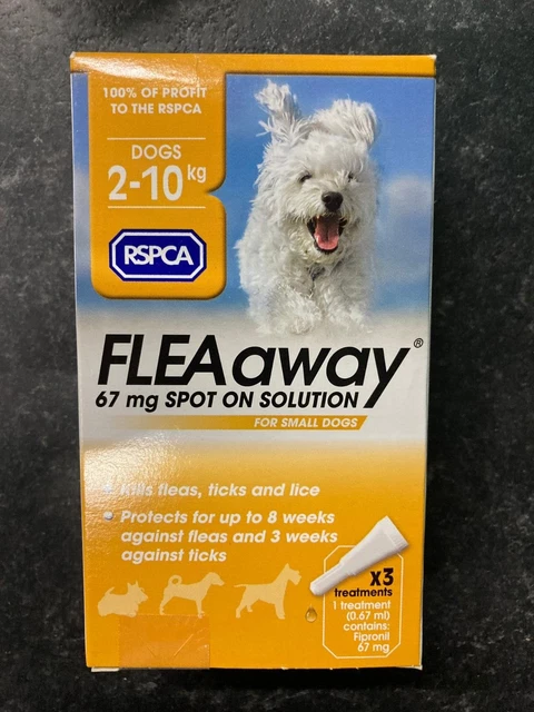 RSPCA FLEA AWAY 67MG SPOT ON SOLUTION x 3 FOR SMALL DOGS *10-20KG* LONG ...