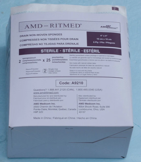AMD-RITMED DRAIN NON-WOVEN Sponges- 200 per case- 6 ply (Item C1859 ...