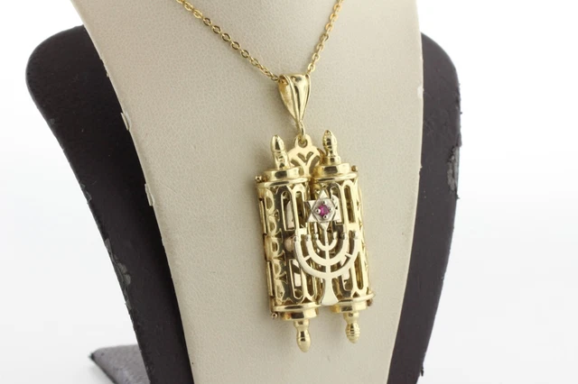 14K YELLOW GOLD Ruby Jewish Menorah & Star of David Opening Torah ...