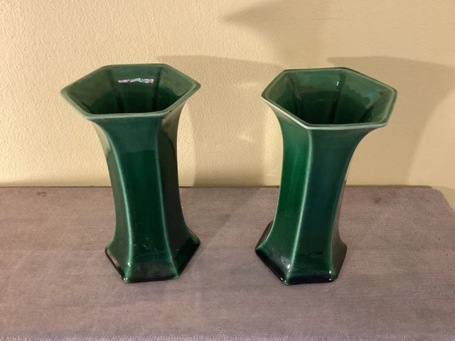 PAIR ART NOUVEAU Era WARDLE POTTERY Deep Green Glazed HEXAGONAL VASES ...