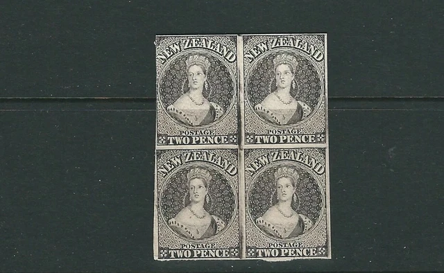 NEW ZEALAND CIRCA(?) QV CHALON HEAD black proof on card block of 4 L2 £ ...