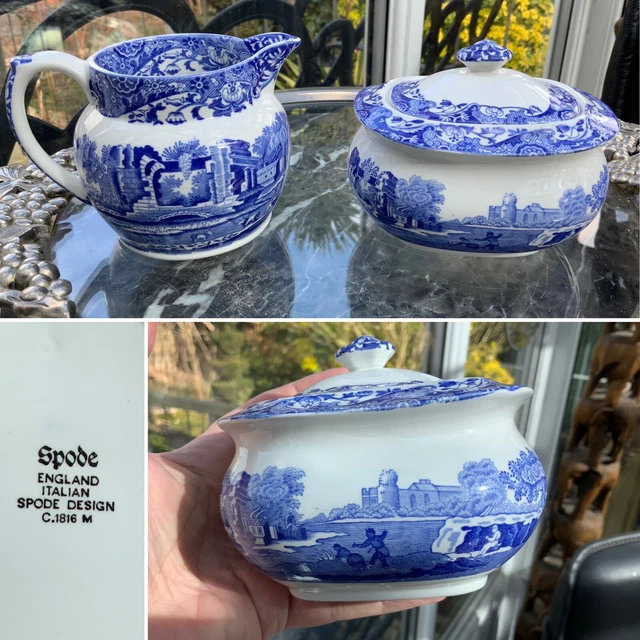 RARE SPODE ENGLAND Lidded Sugar Bowl + Milk Jug Blue White Italian ...
