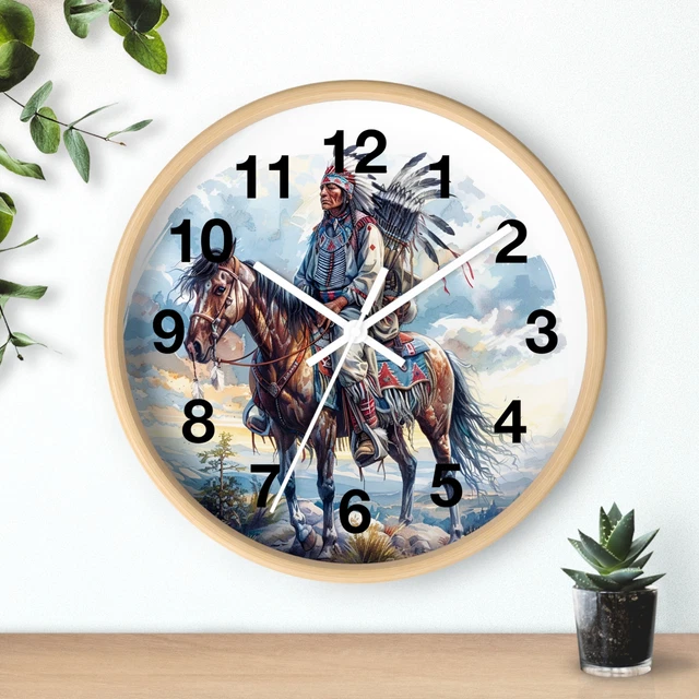 NATIVE INDIAN WARRIOR Buffalo Hunter Wall Clock All Wood Frame Old West ...