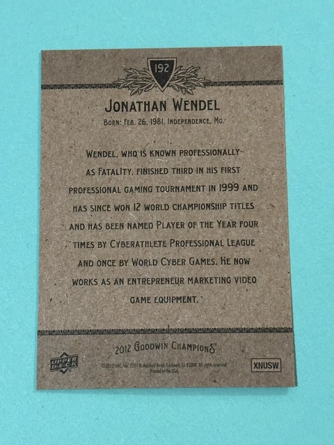 2012 UPPER DECK Goodwin Champions Jonathan Wendel #192 Video Games ...