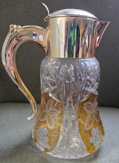 RARE FIND LARGE 12" Tall Bohemian Amber Cut Grape & Leaf Cut Glass ...