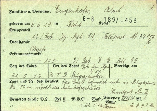 STERBEBILD WK2 FICHT Obergefreiter 12/Geb Jg Rgt 99, Feldpost-Nr 37053 ...