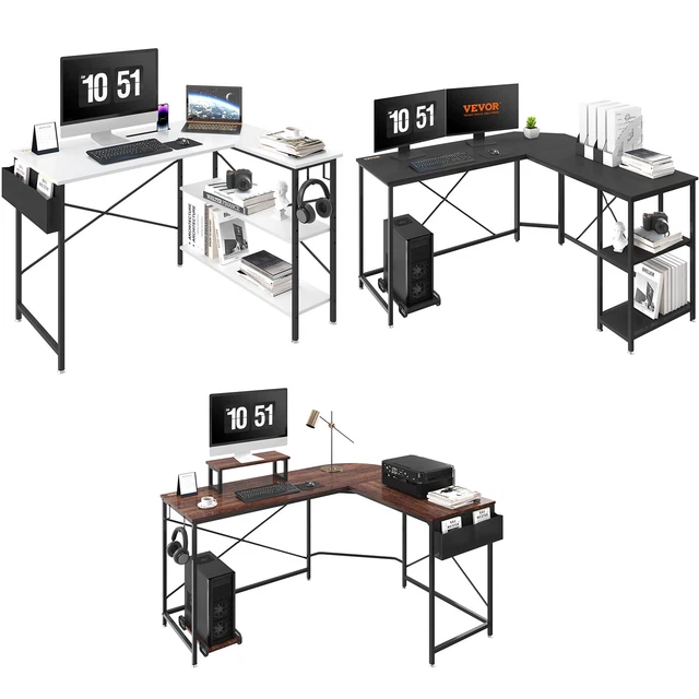 VEVOR L SHAPED Computer Desk Corner Desk with Shelves/Monitor Riser 47 ...