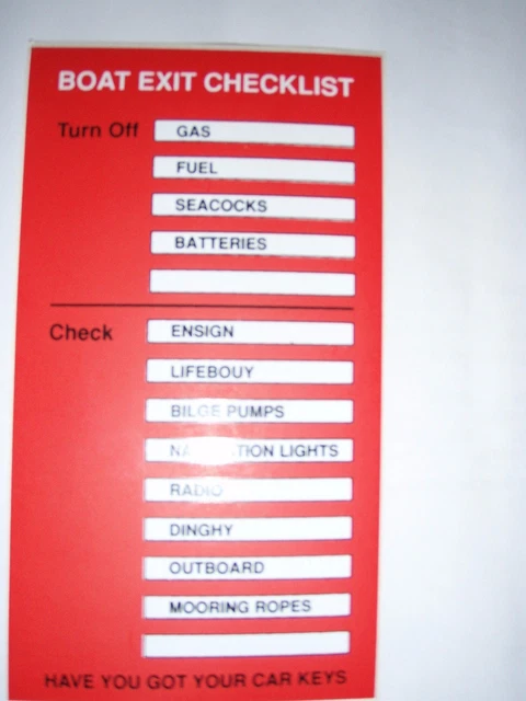 BOAT EXIT CHECK LIST, STICKER, YACHT, BOAT, SELF ADHESIVE Location C4 £ ...
