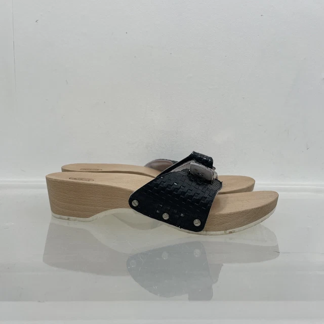 SCHOLL PESCURA BLACK Leather Wooden Wedge Sandals Size UK 6 £30.00 ...