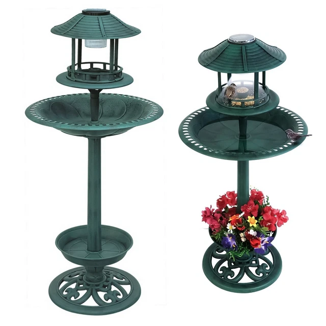BIRD HOTEL FEEDER & Bath With Solar Light Garden Ornamental Birds Table ...