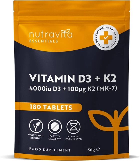 VITAMIN D3 4000 iu & Vitamin K2 100μg (MK7) – 180 Vegetarian Tablets ...