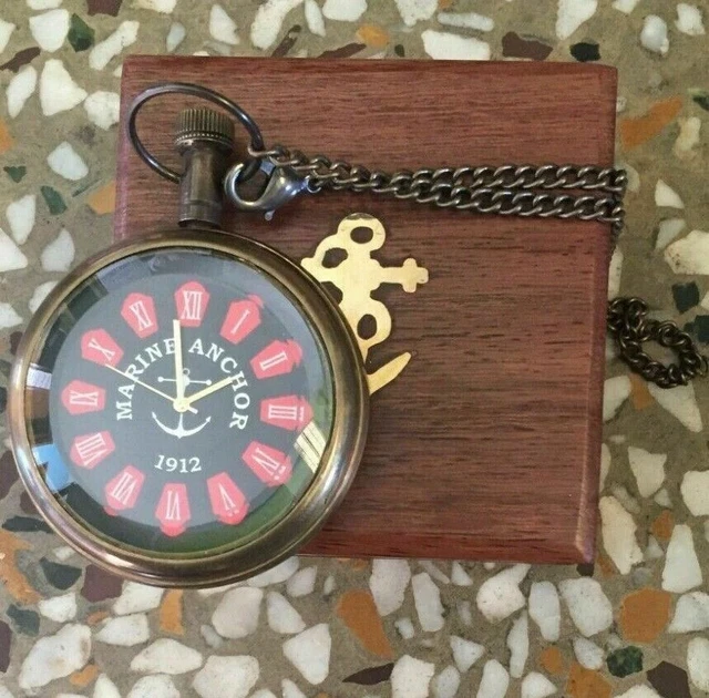 MESSING TASCHENUHR MECHANISCH Marine Anker 1912 Vintage Messing Kette ...