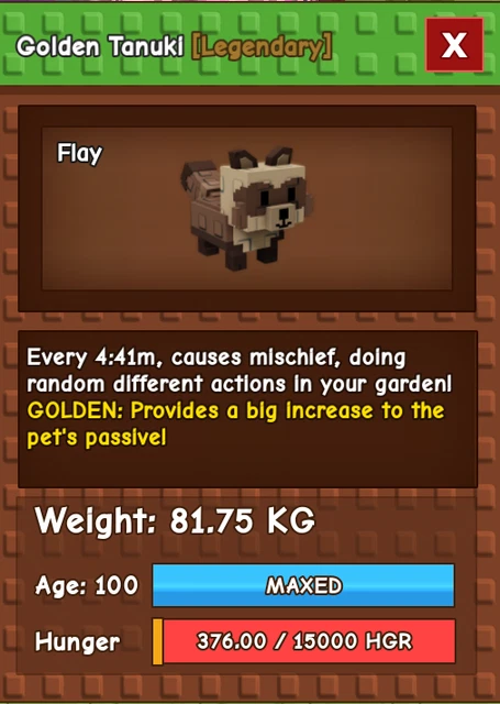 GROW A GARDEN - Titanic Huge Golden Tanuki - Age 100 - 81.75KG $42.05 ...