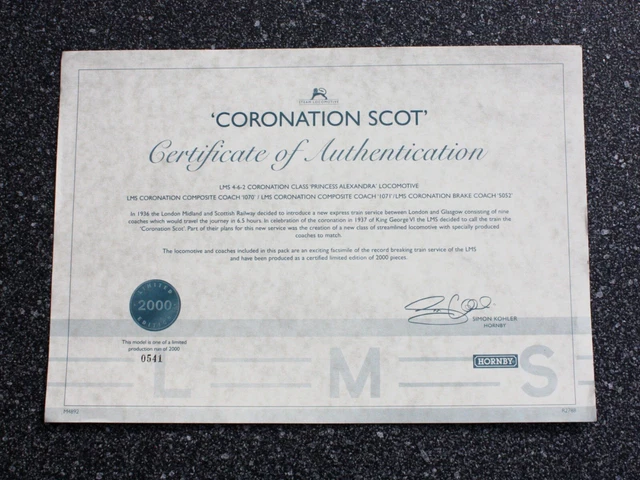ORIGINAL HORNBY LIMITED Edition Cert for the 'Coronation Scot' train ...