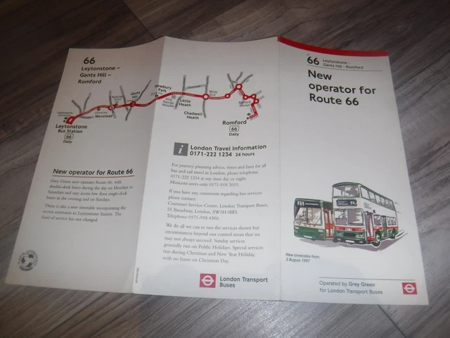 LONDON TRANSPORT BUSES - Route 66 timetable, Grey Green, August 1997 ...