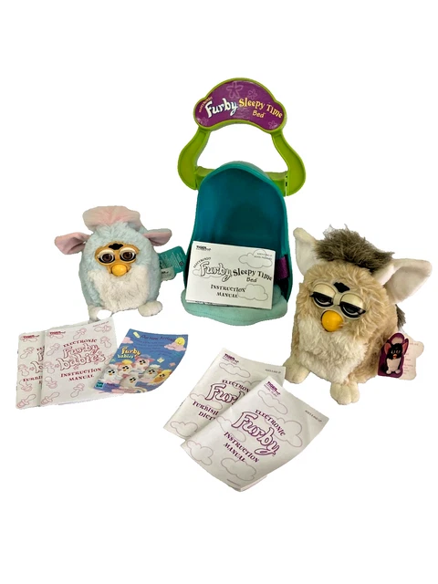 FURBY SOFT TOY . Brown and cream adult boxed, light blue and pink baby ...
